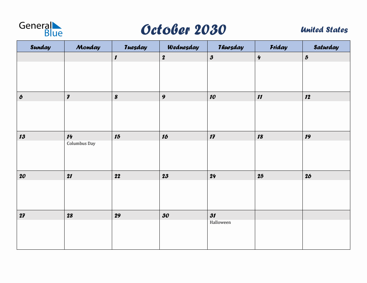 October 2030 Monthly Calendar Template with Holidays for United States