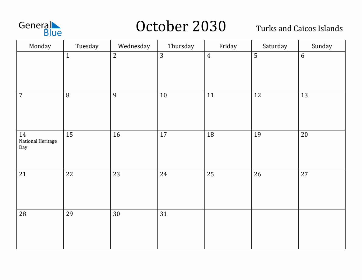 October 2030 Monthly Calendar with Turks and Caicos Islands Holidays ...
