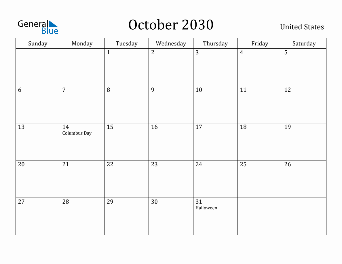 October 2030 Monthly Calendar with United States Holidays