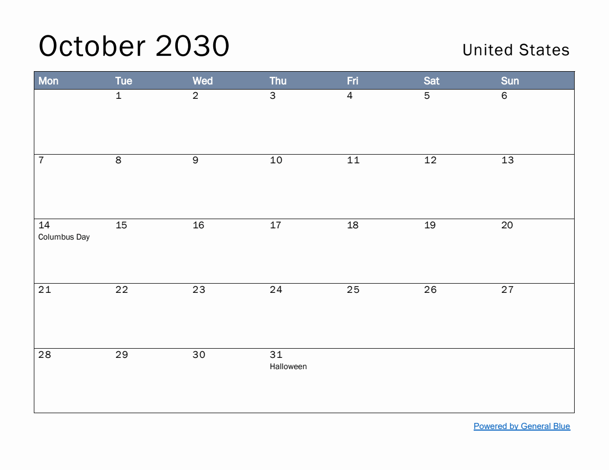 Free Monthly Calendar Template for October 2030 with United States Holidays