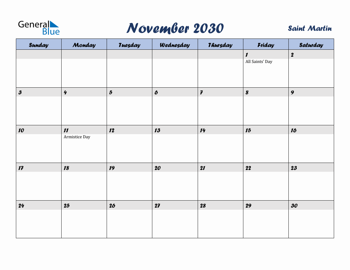 November 2030 Monthly Calendar Template with Holidays for Saint Martin