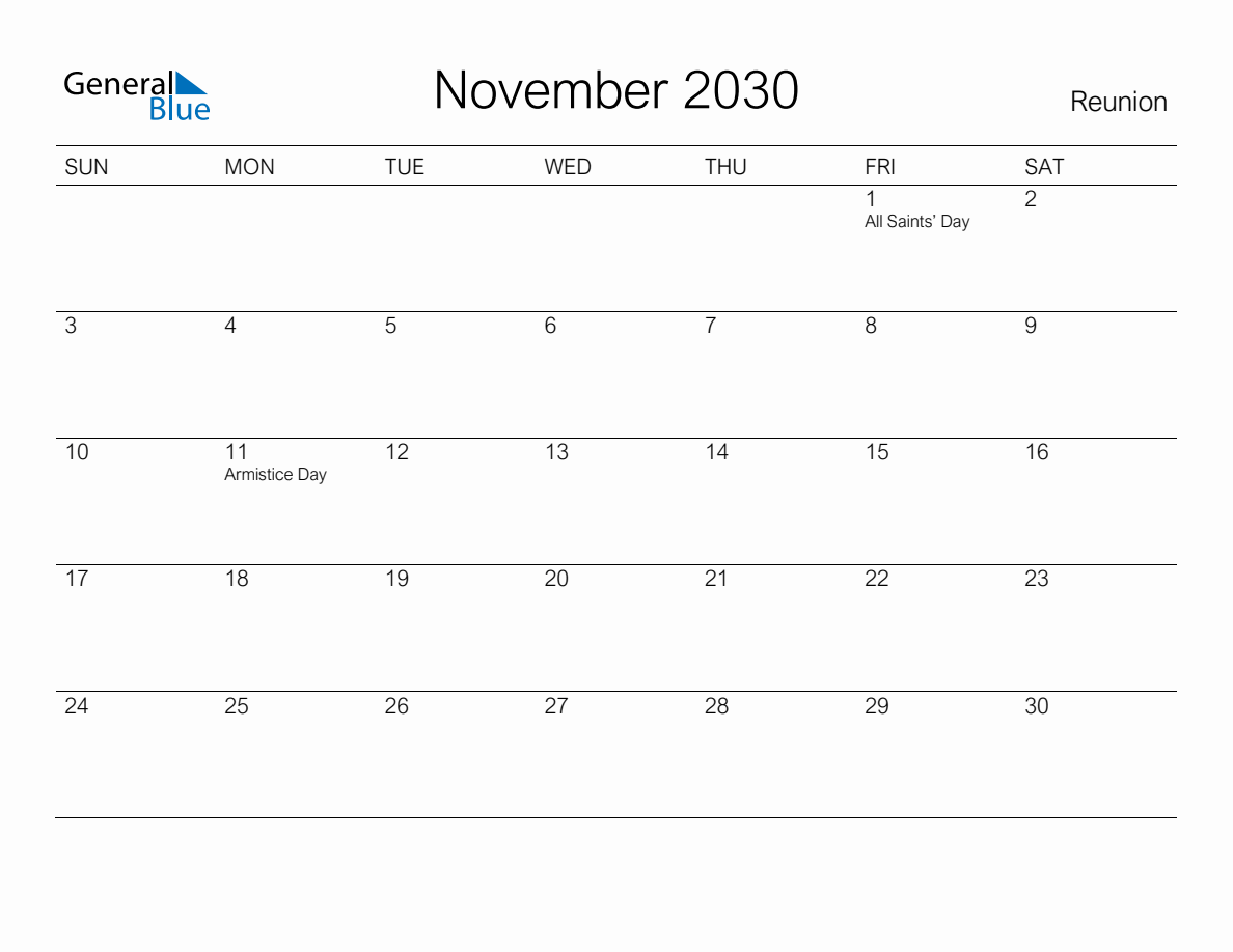 Printable November 2030 Monthly Calendar with Holidays for Reunion