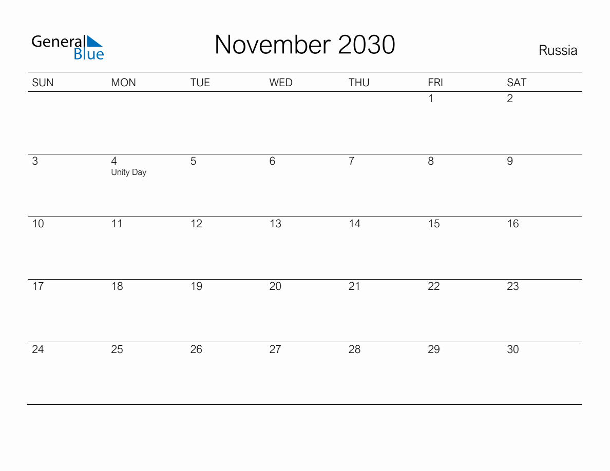 Printable November 2030 Monthly Calendar with Holidays for Russia