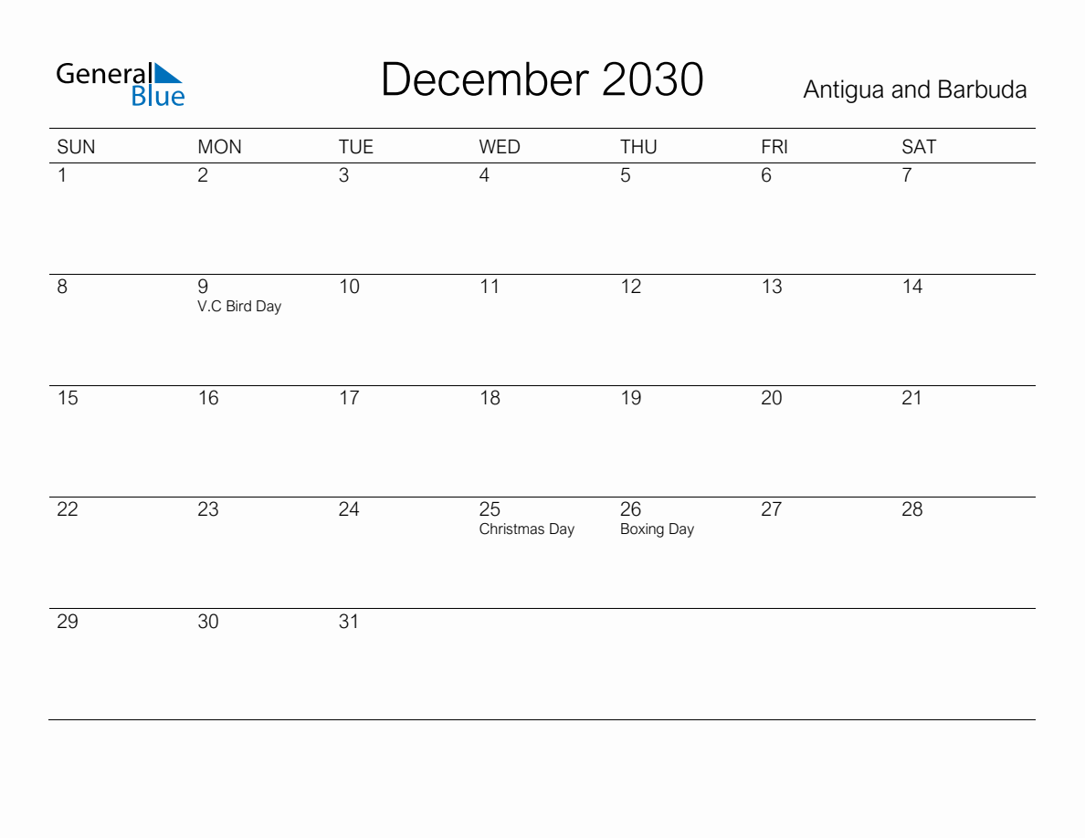 Printable December 2030 Monthly Calendar with Holidays for Antigua and ...