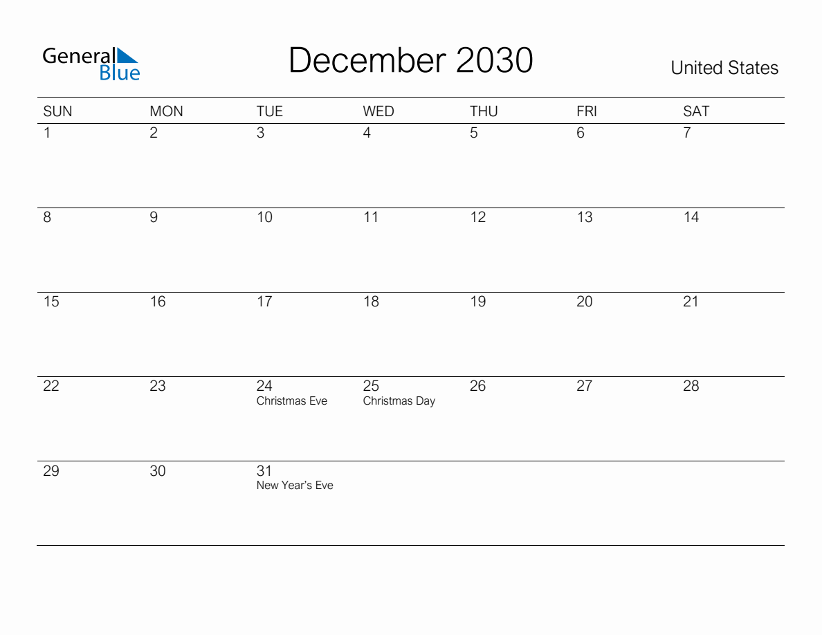 Printable December 2030 Monthly Calendar with Holidays for United States