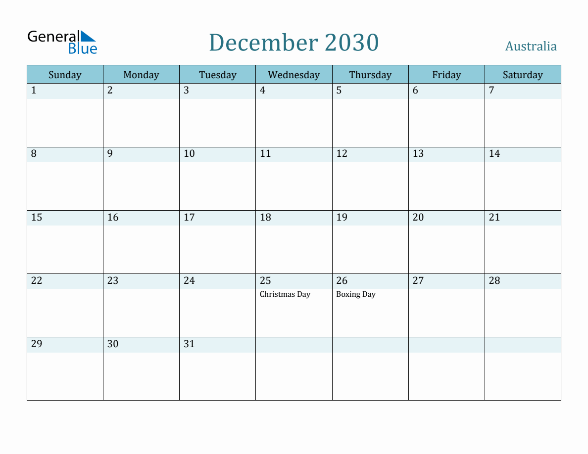 Australia Holiday Calendar for December 2030