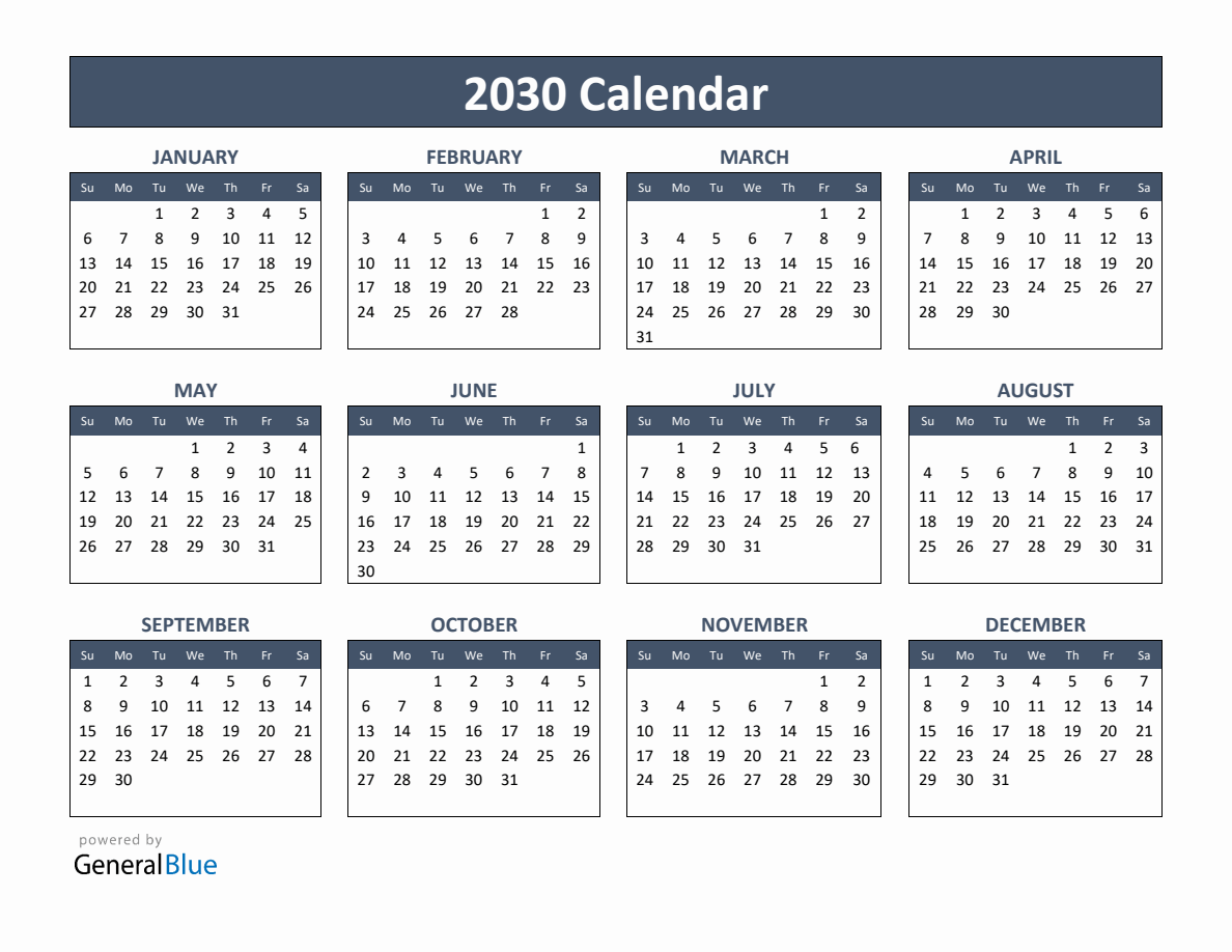 Basic Annual Calendar for Year 2030
