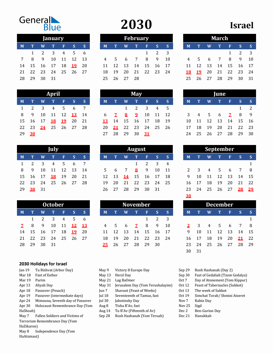 2030 Israel Holiday Calendar - Monday Start