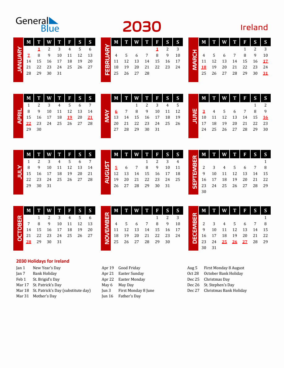 Ireland 2030 Yearly Calendar Downloadable - Monday Start