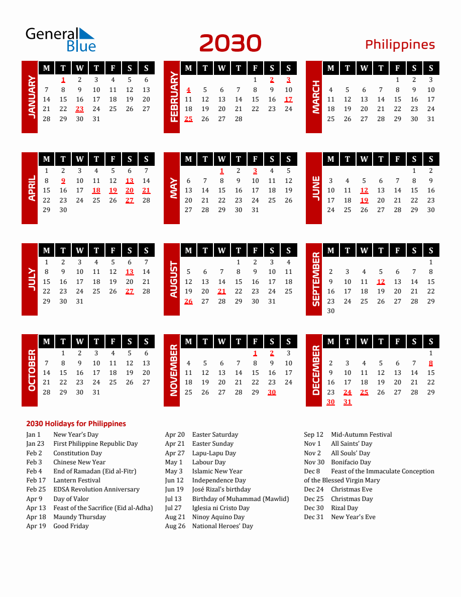 Philippines 2030 Yearly Calendar Downloadable - Monday Start