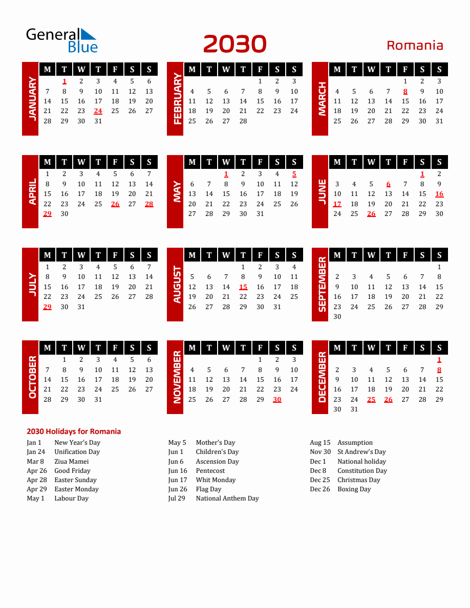 Romania 2030 Yearly Calendar Downloadable - Monday Start