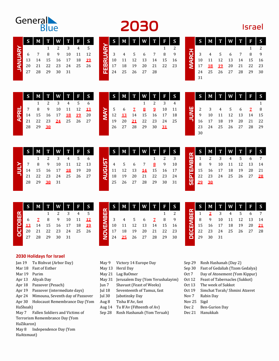 Israel 2030 Yearly Calendar Downloadable