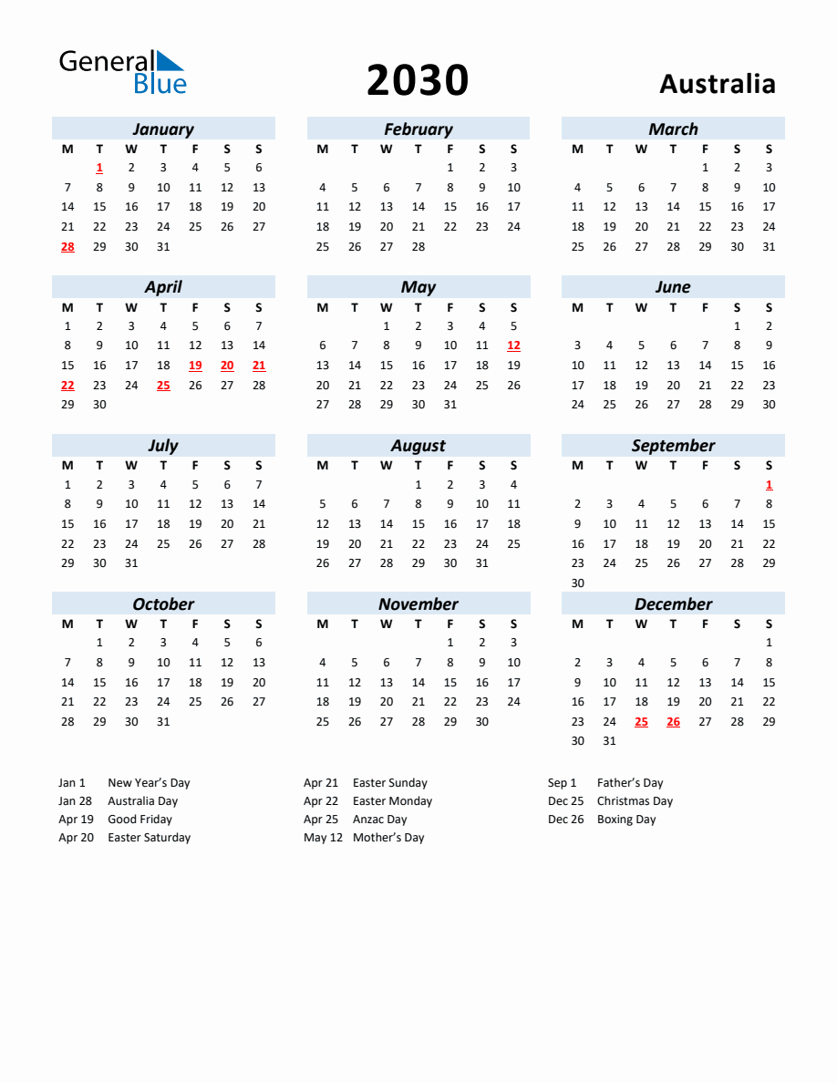 2030 Yearly Calendar for Australia with Holidays