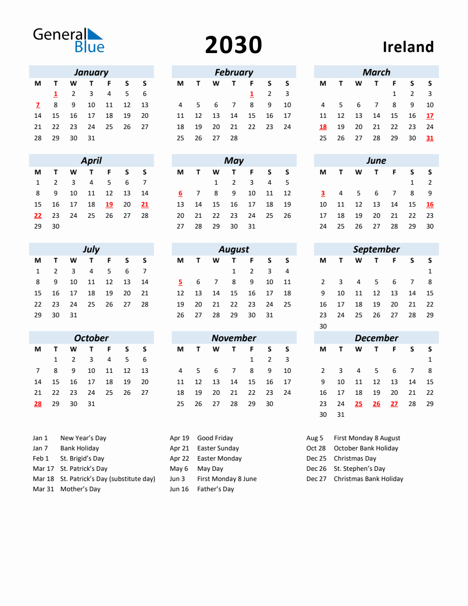 2030 Yearly Calendar for Ireland with Holidays - Monday Start