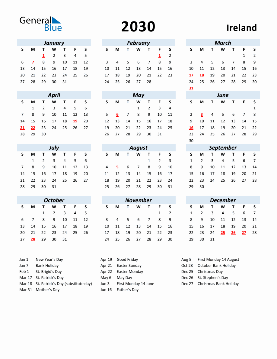 2030 Yearly Calendar for Ireland with Holidays