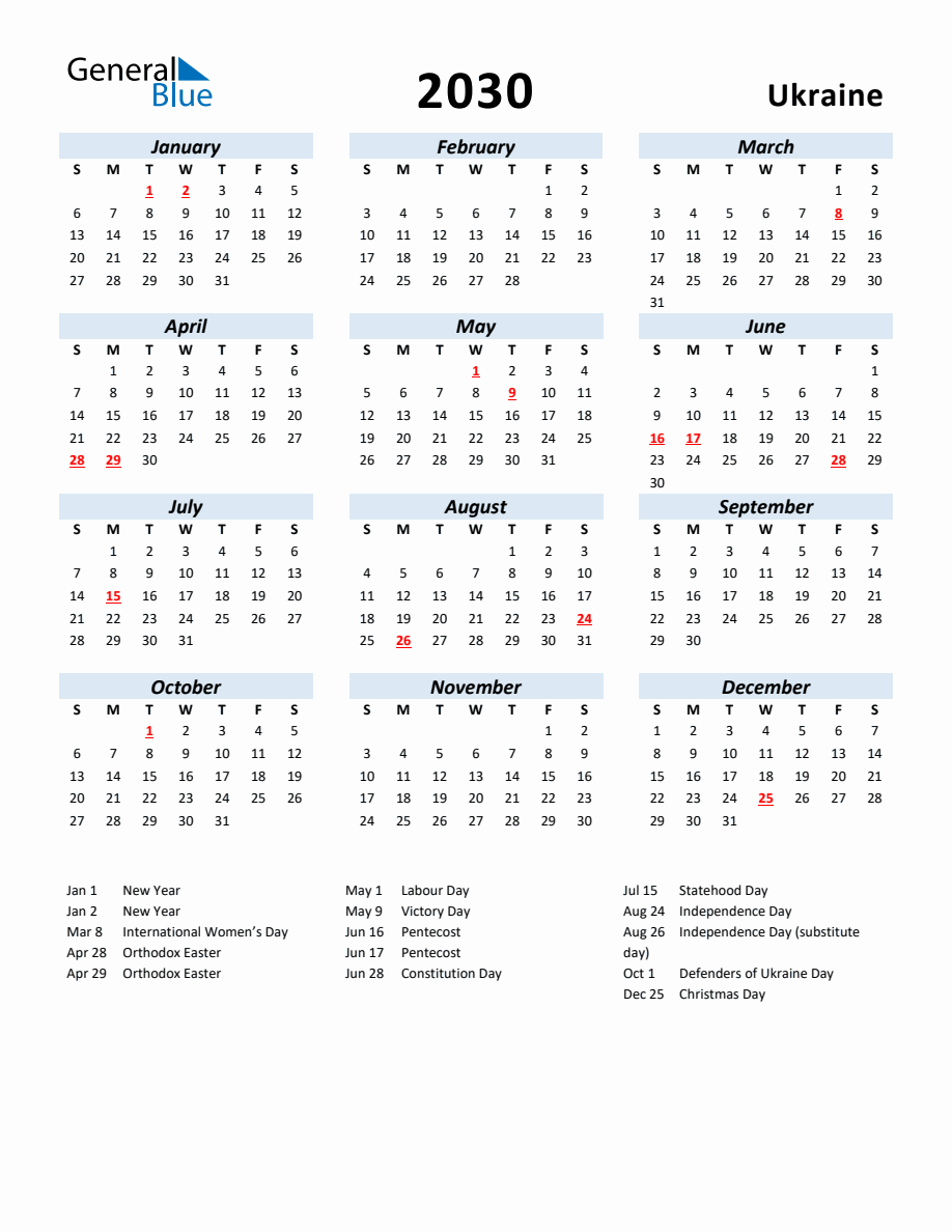 2030 Yearly Calendar for Ukraine with Holidays