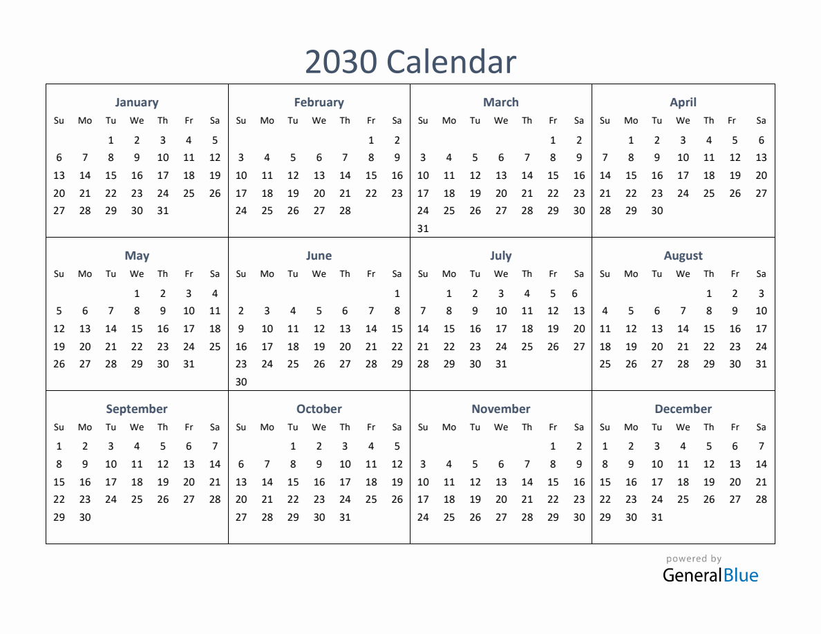 One-Page Yearly Calendar 2030 (PDF, Excel, Word)