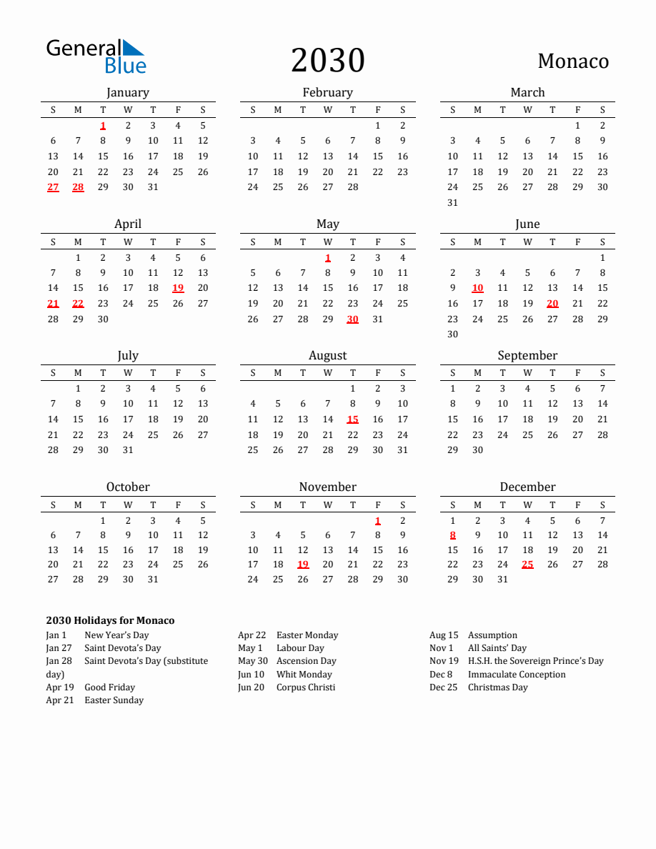 Free Monaco Holidays Calendar for Year 2030