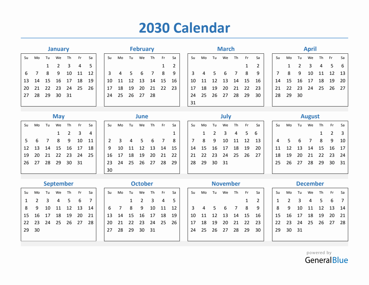 2030 Simple Yearly Calendar (PDF, Excel, Word)