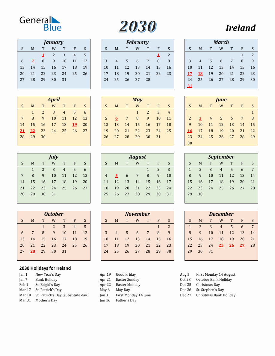 2030 Ireland Calendar