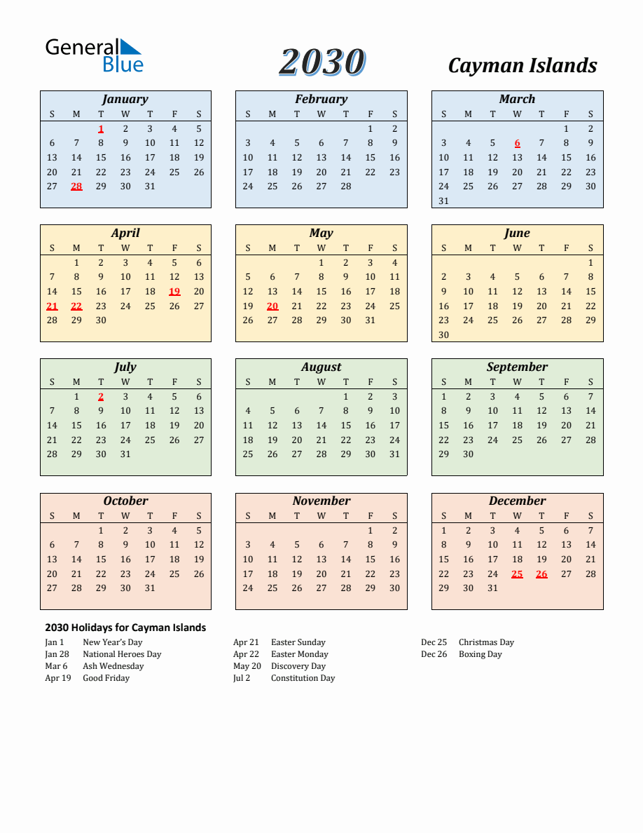 2030 Cayman Islands Calendar