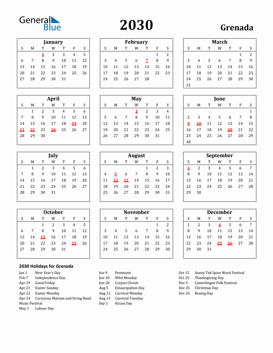 Free Printable 2030 Grenada Holiday Calendar