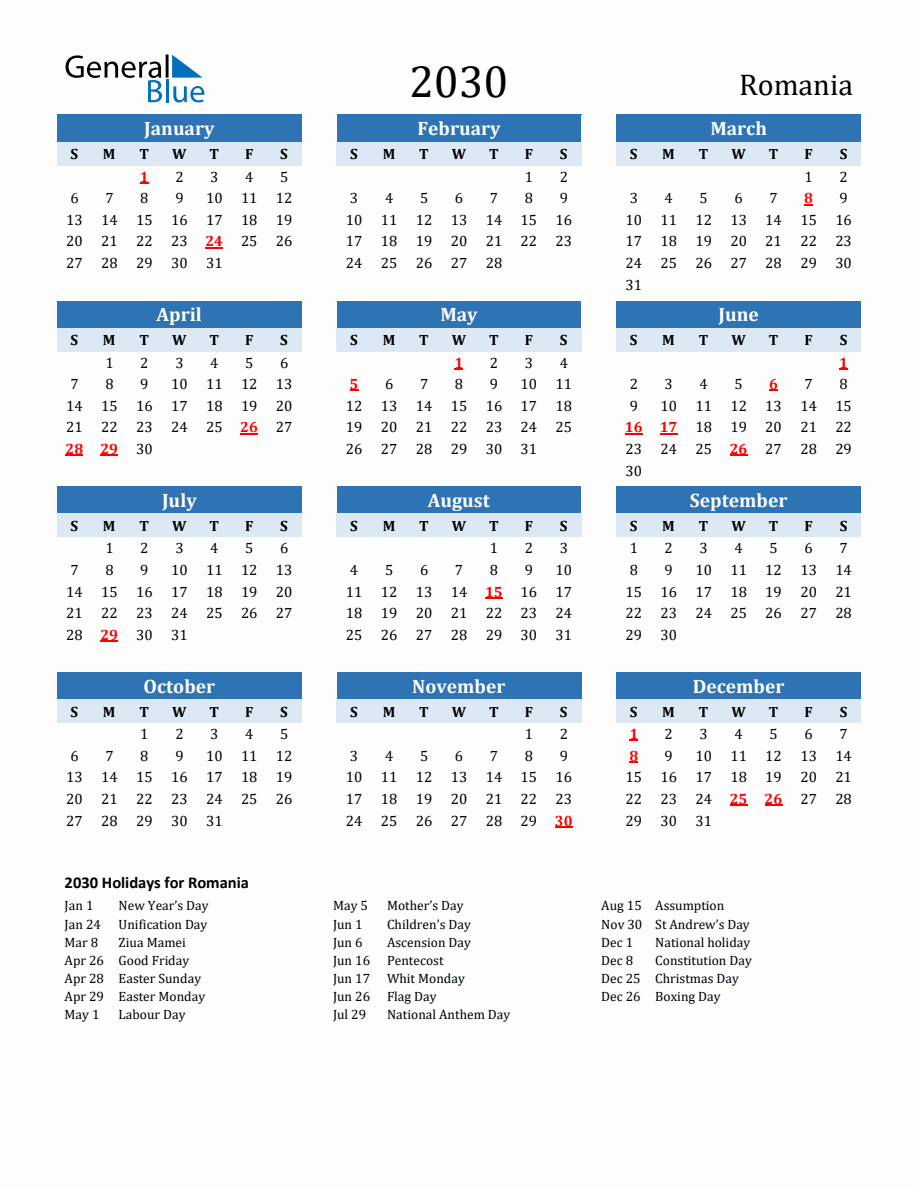 2030 Printable Calendar with Romania Holidays