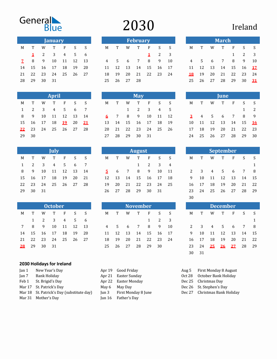 Ireland 2030 Calendar with Holidays - Monday Start