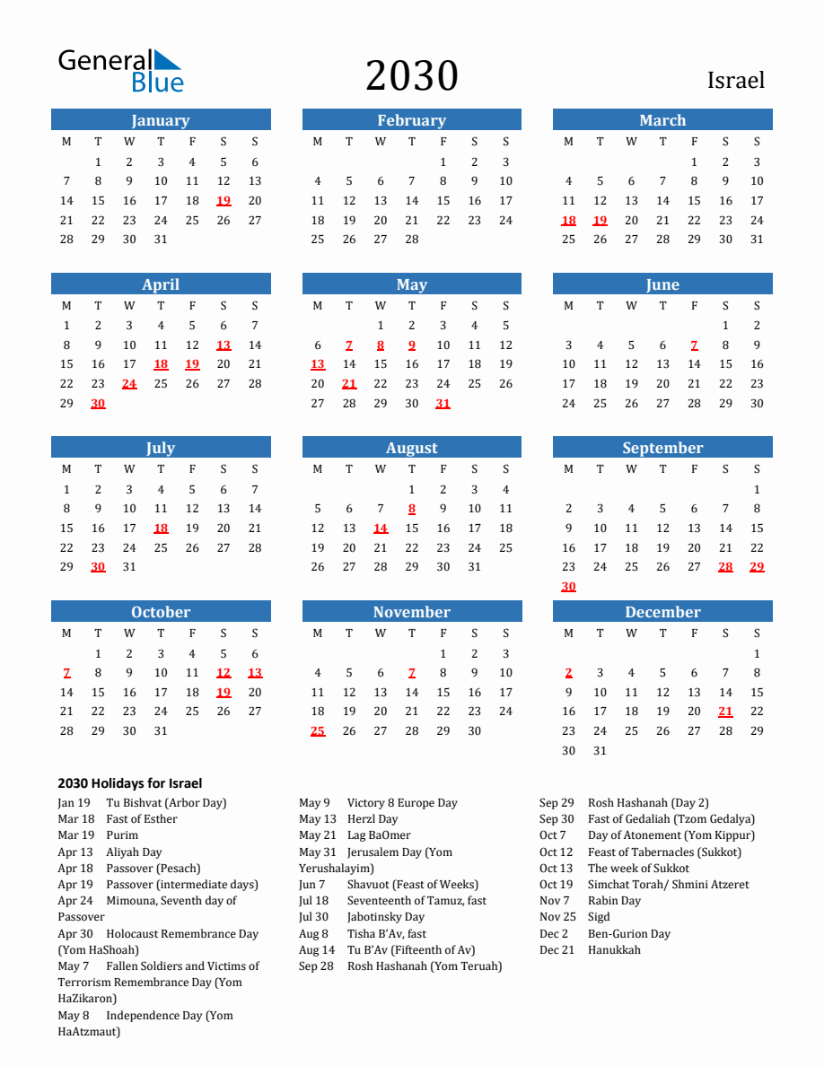 Israel 2030 Calendar with Holidays - Monday Start