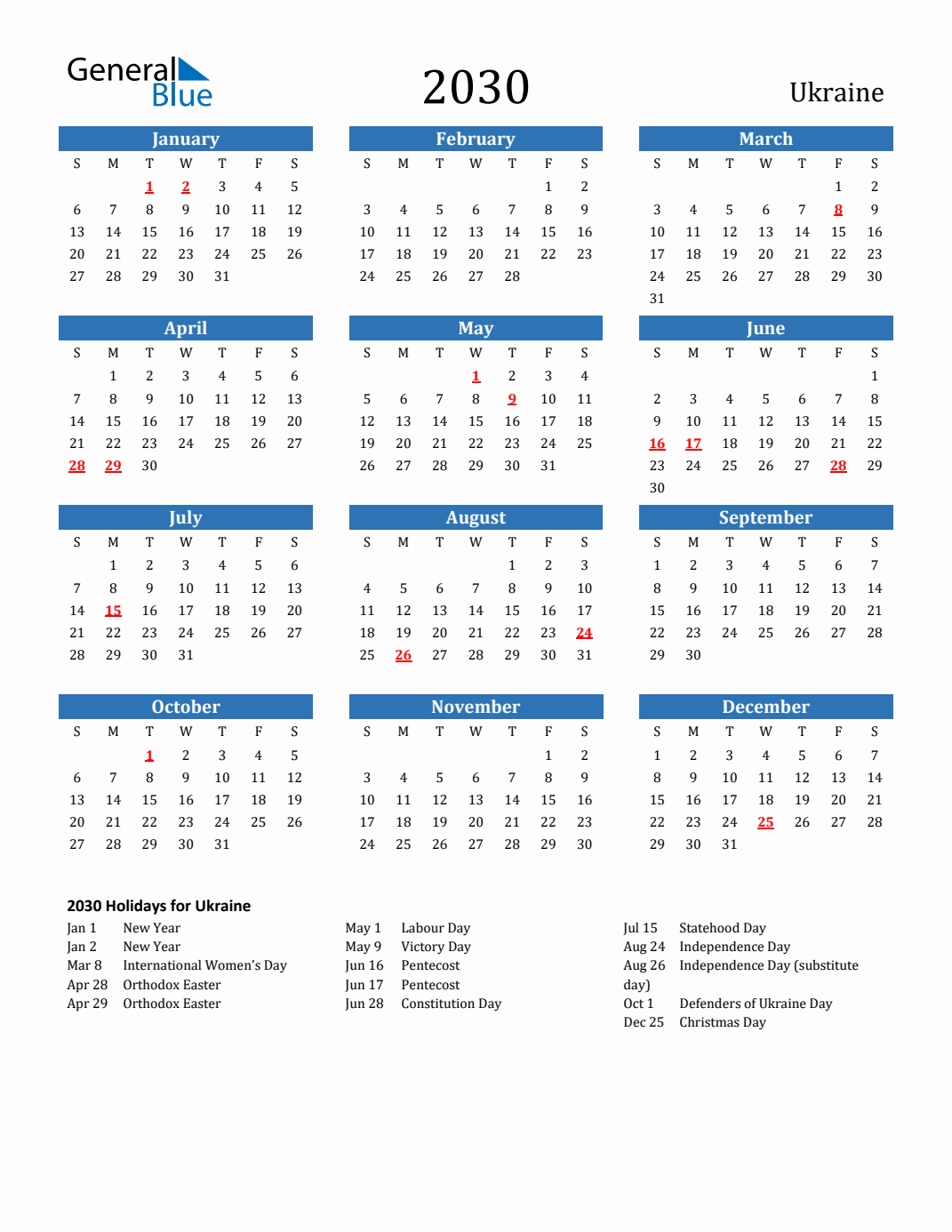 2030 Ukraine Calendar with Holidays
