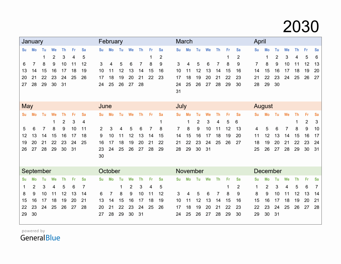 Free Downloadable 2030 Yearly Calendar Template
