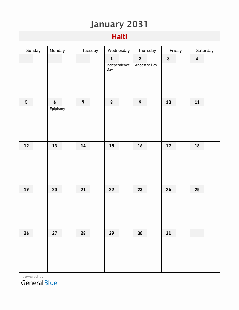 Haiti January 2031 Calendar with Holidays