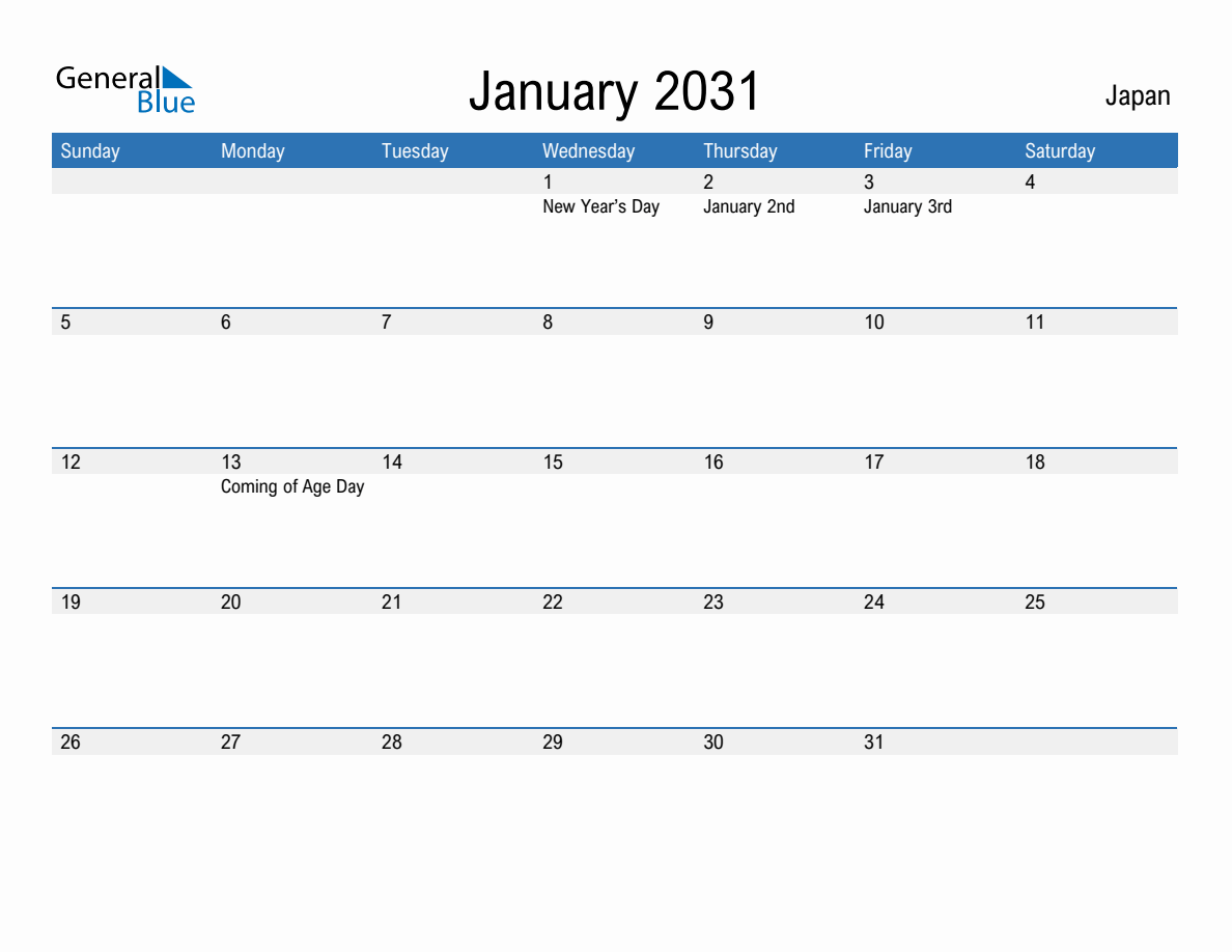 January 2031 Monthly Calendars with Japan Holidays