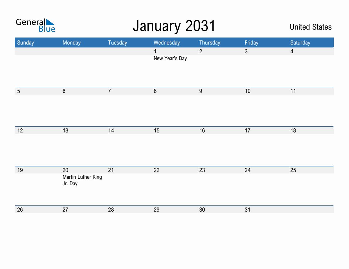January 2031 Monthly Calendars with United States Holidays