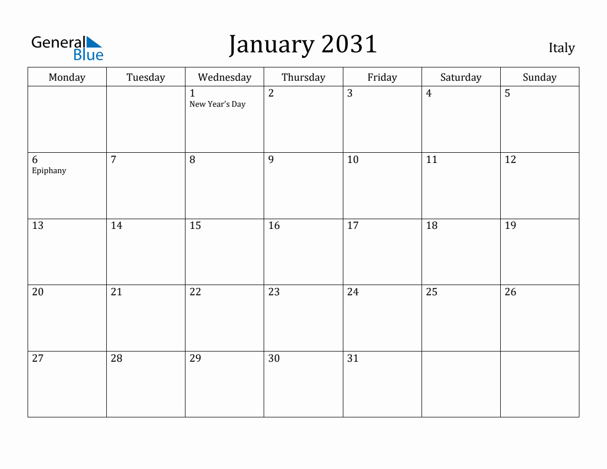 Italy Monthly Calendar - January 2031 (Monday Start)