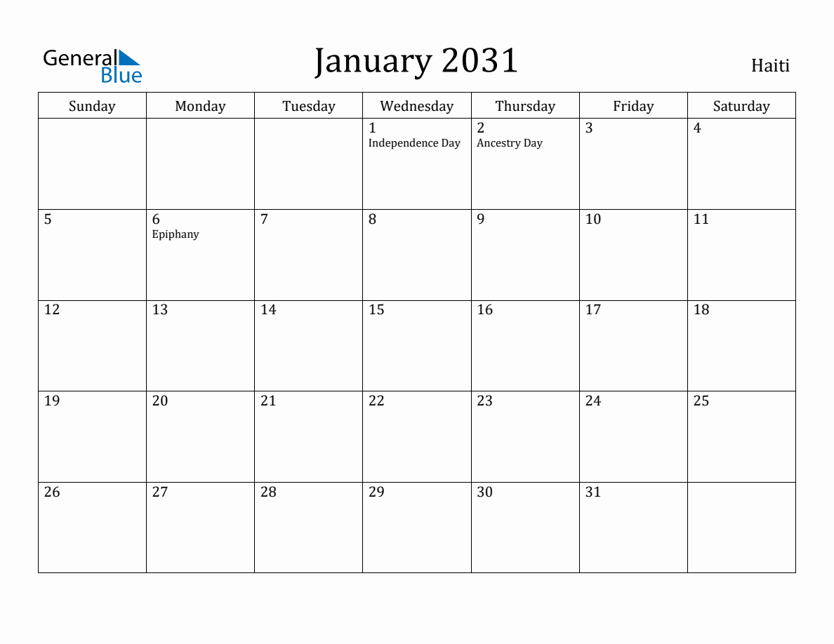 January 2031 Monthly Calendar with Haiti Holidays