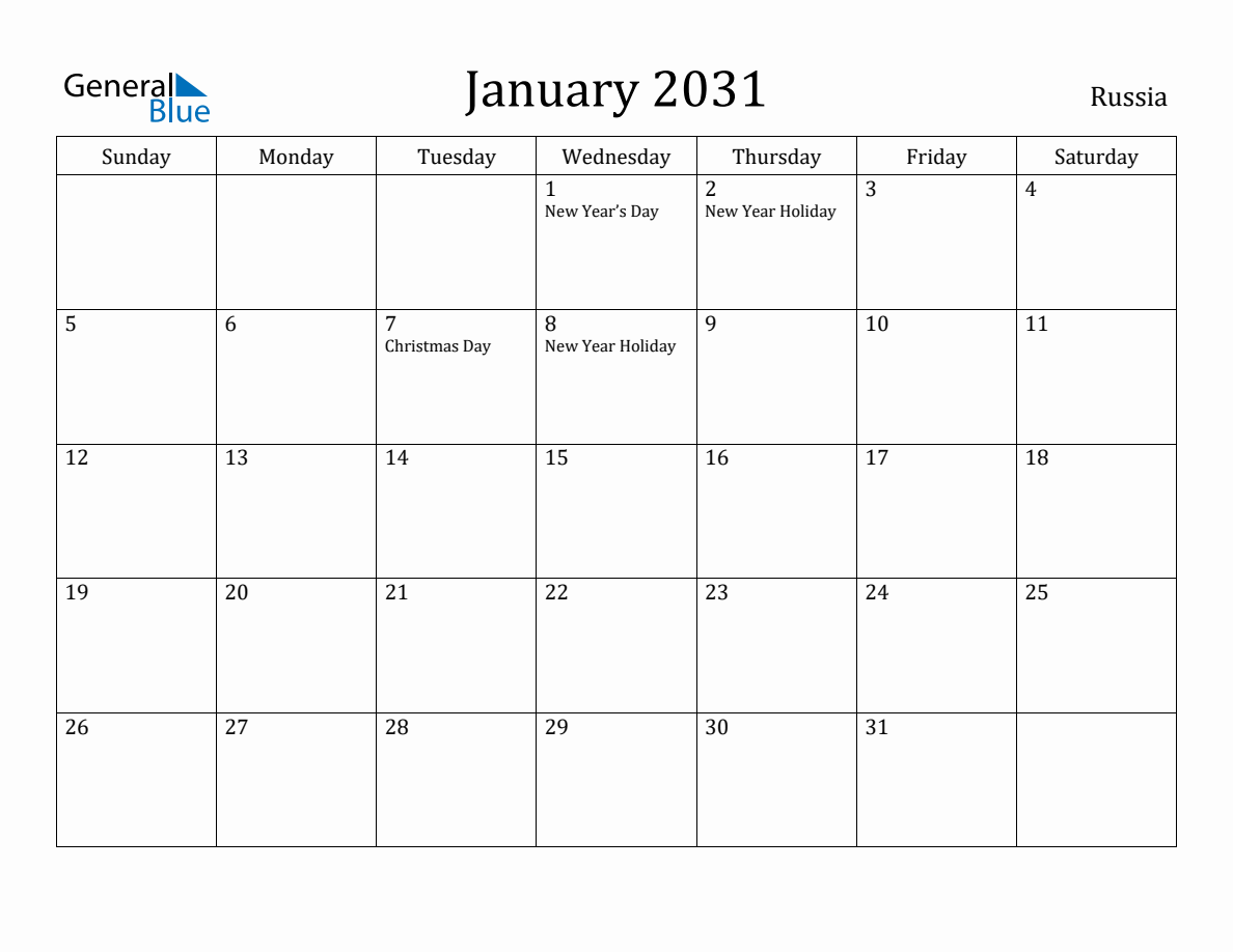 January 2031 Monthly Calendar with Russia Holidays