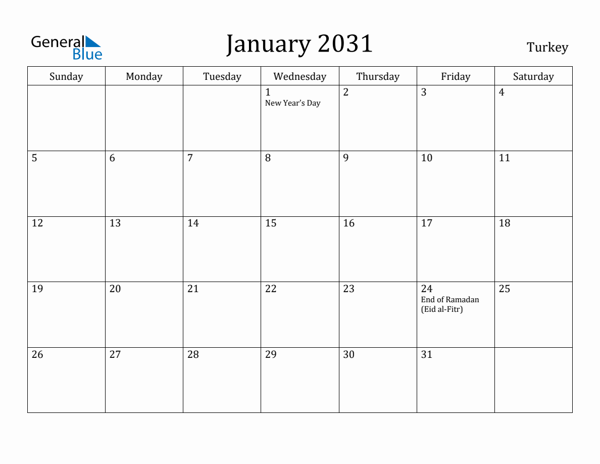 January 2031 Monthly Calendar with Turkey Holidays
