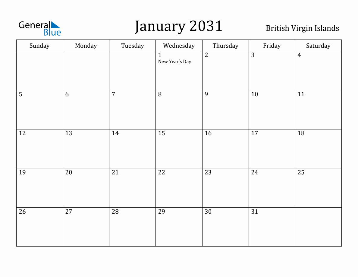 January 2031 Monthly Calendar with British Virgin Islands Holidays