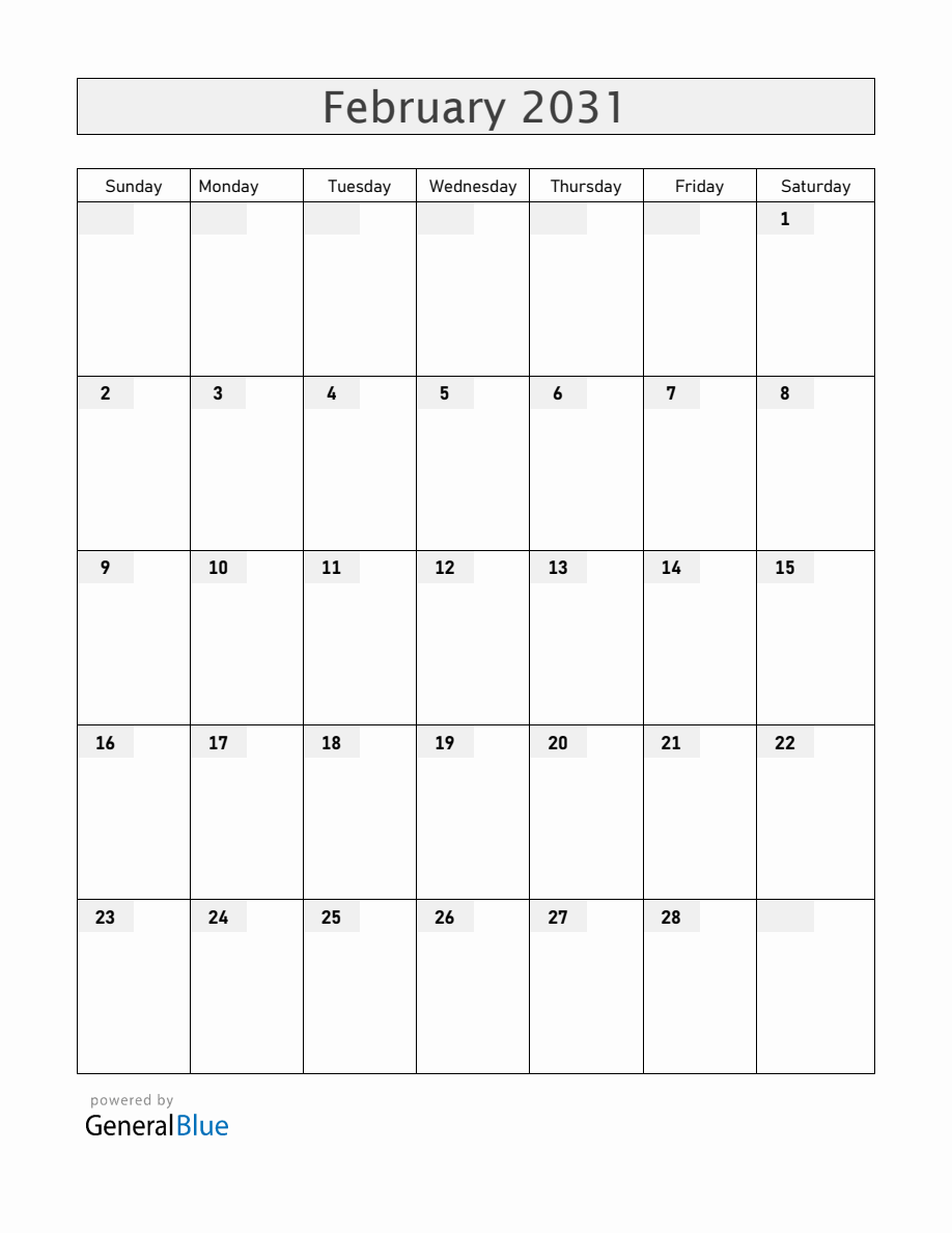 Blank February 2031 Calendar