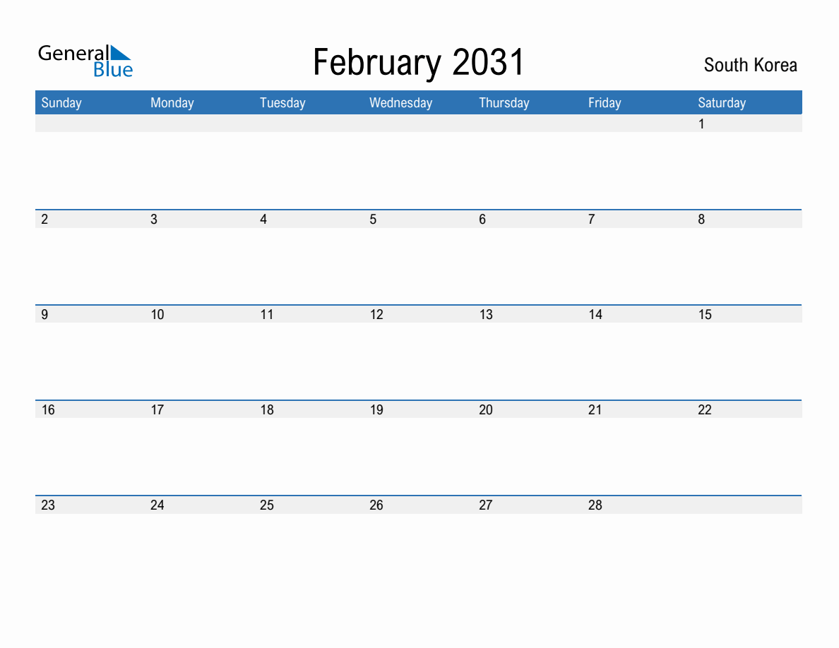 February 2031 Monthly Calendars with South Korea Holidays