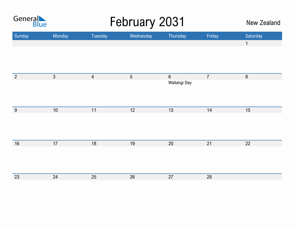 February 2031 Monthly Calendars with New Zealand Holidays