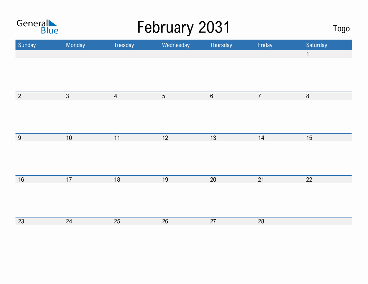 February 2031 Monthly Calendar with Togo Holidays