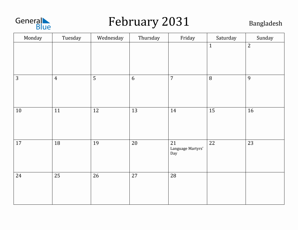 February 2031 - Bangladesh Monthly Calendar with Holidays