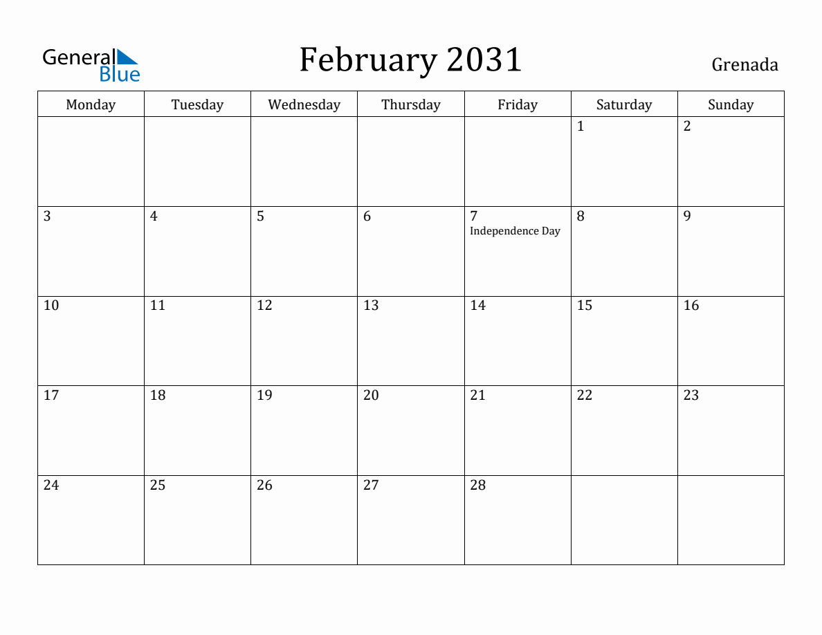 February 2031 - Grenada Monthly Calendar with Holidays