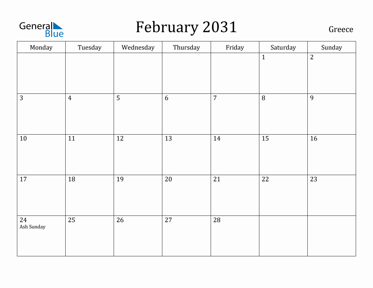 February 2031 - Greece Monthly Calendar with Holidays