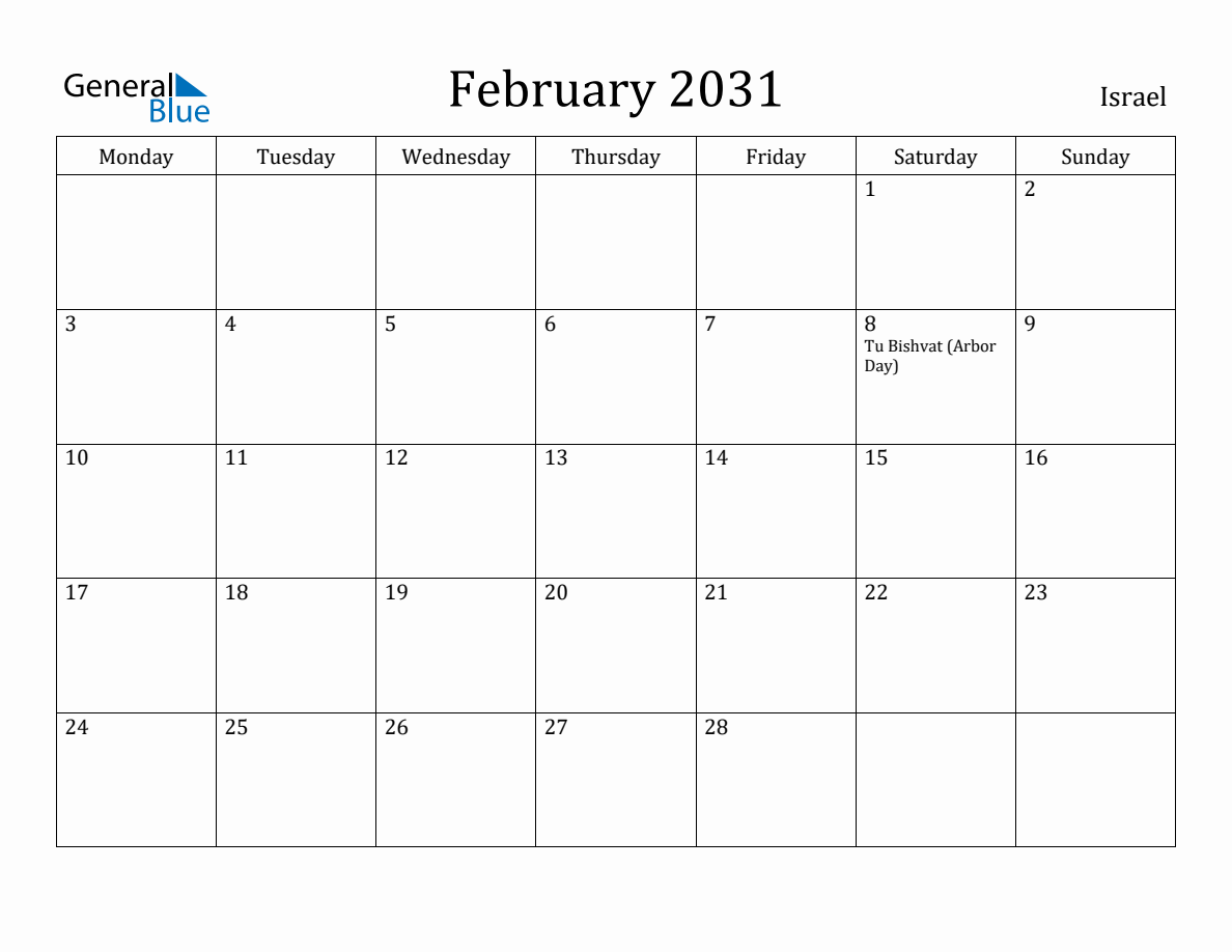 Israel Monthly Calendar - February 2031 (Monday Start)