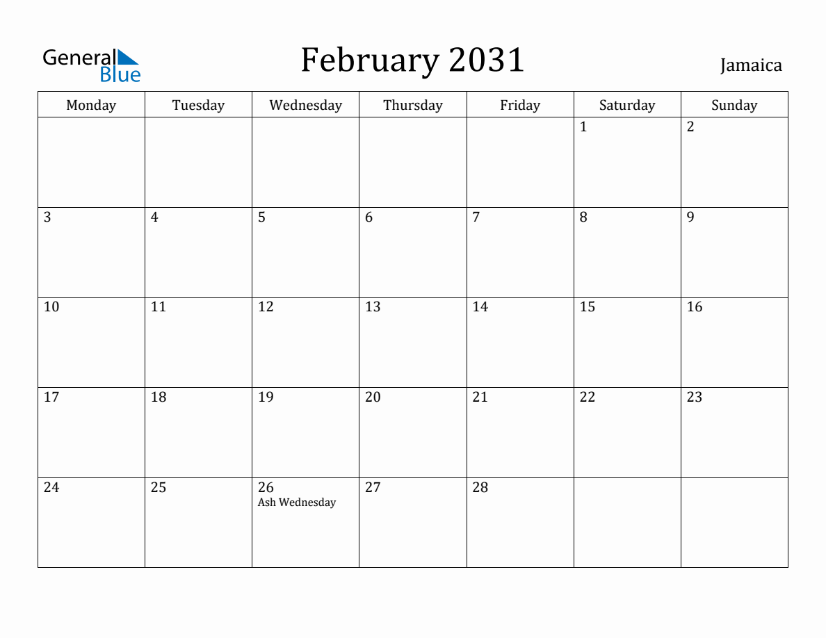February 2031 Monthly Calendar with Jamaica Holidays