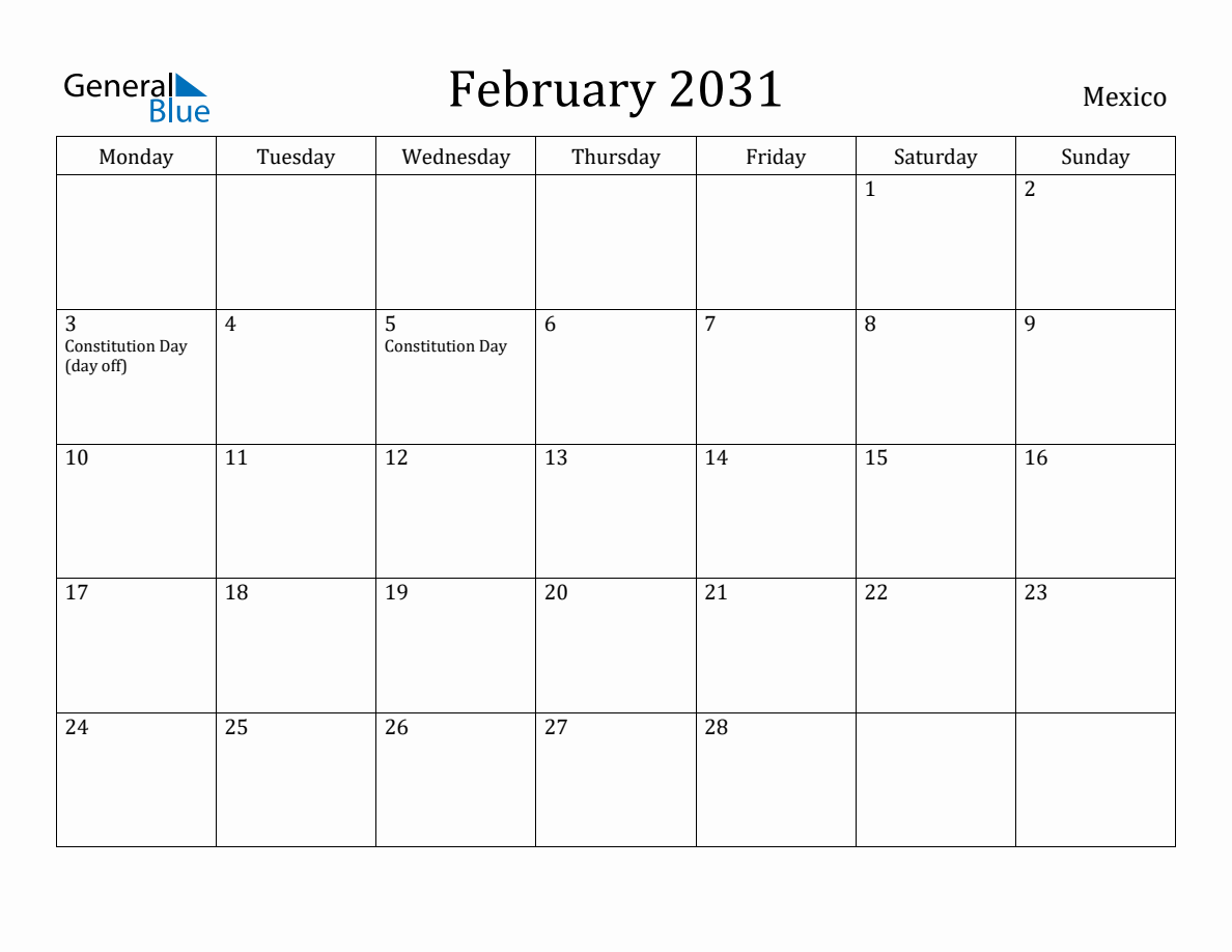 February 2031 Monthly Calendar with Mexico Holidays