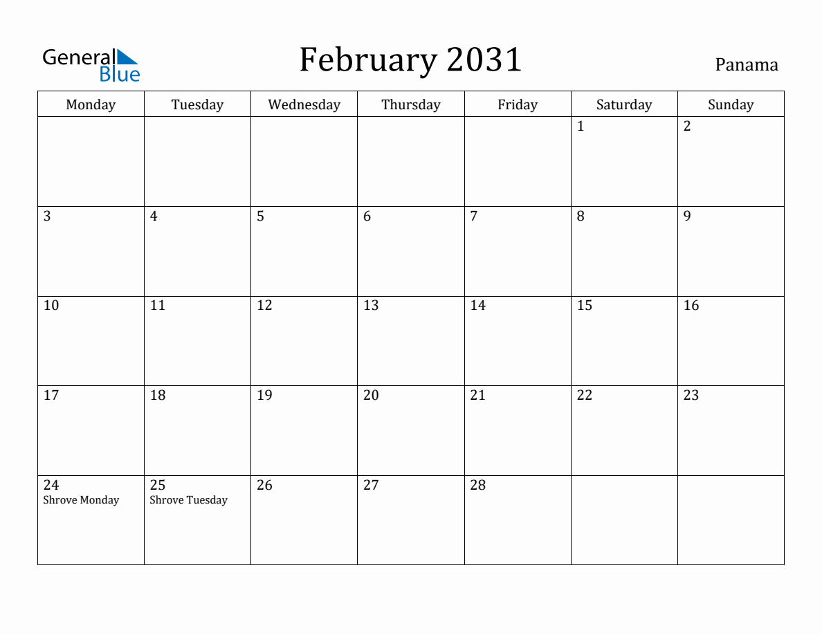 February 2031 - Panama Monthly Calendar with Holidays